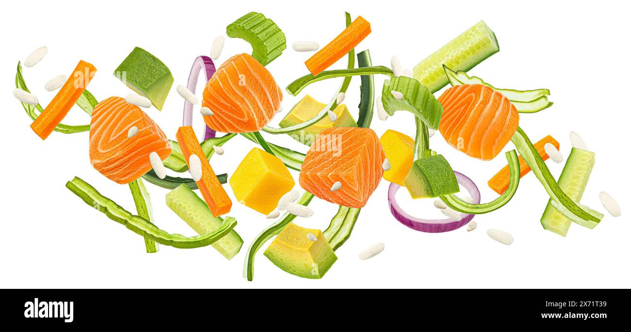 Wakame seaweed salad with falling salmon cubes isolated on white ...