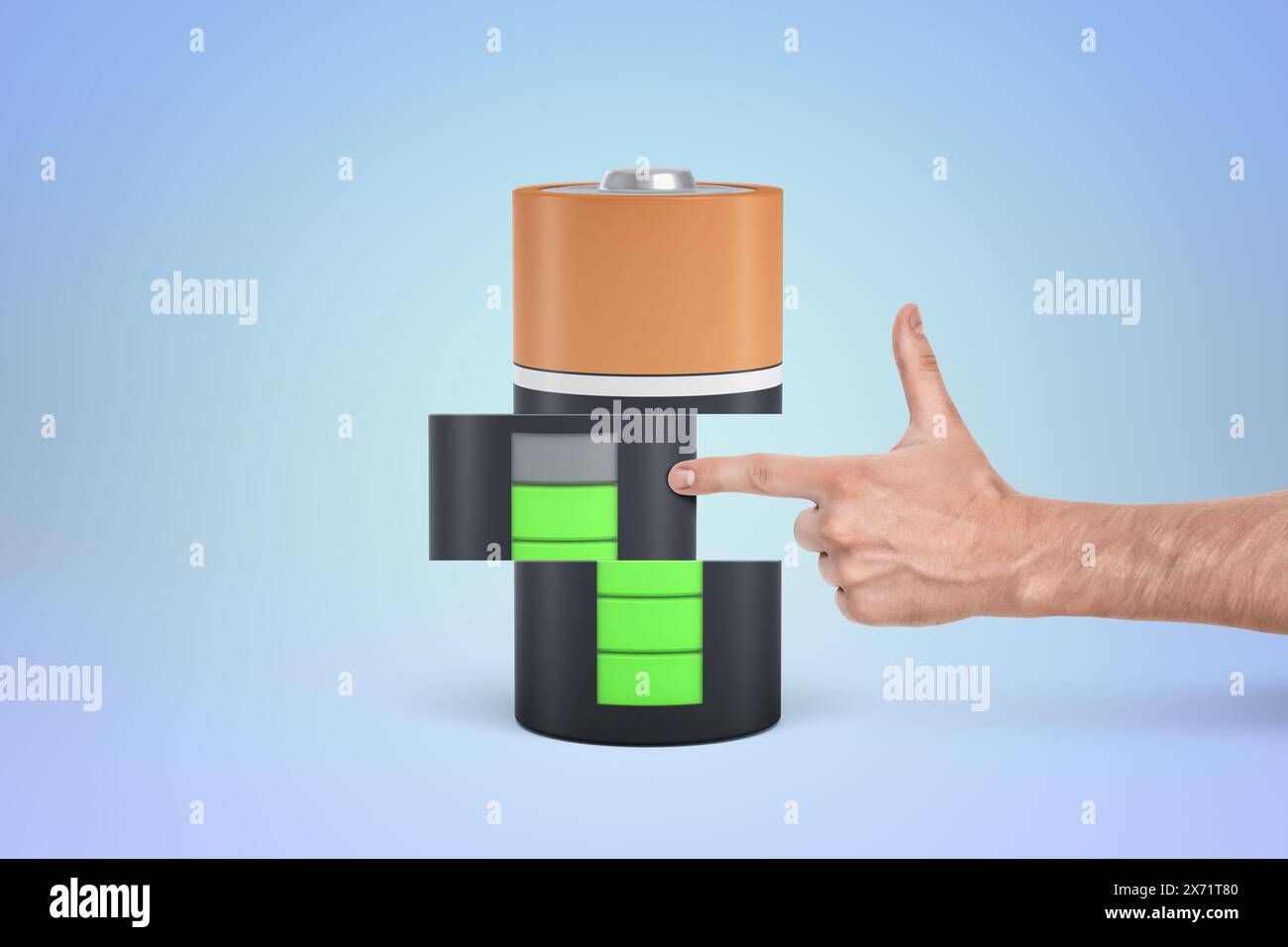 Human hand pointing at a sliced battery illustration Stock Photo - Alamy