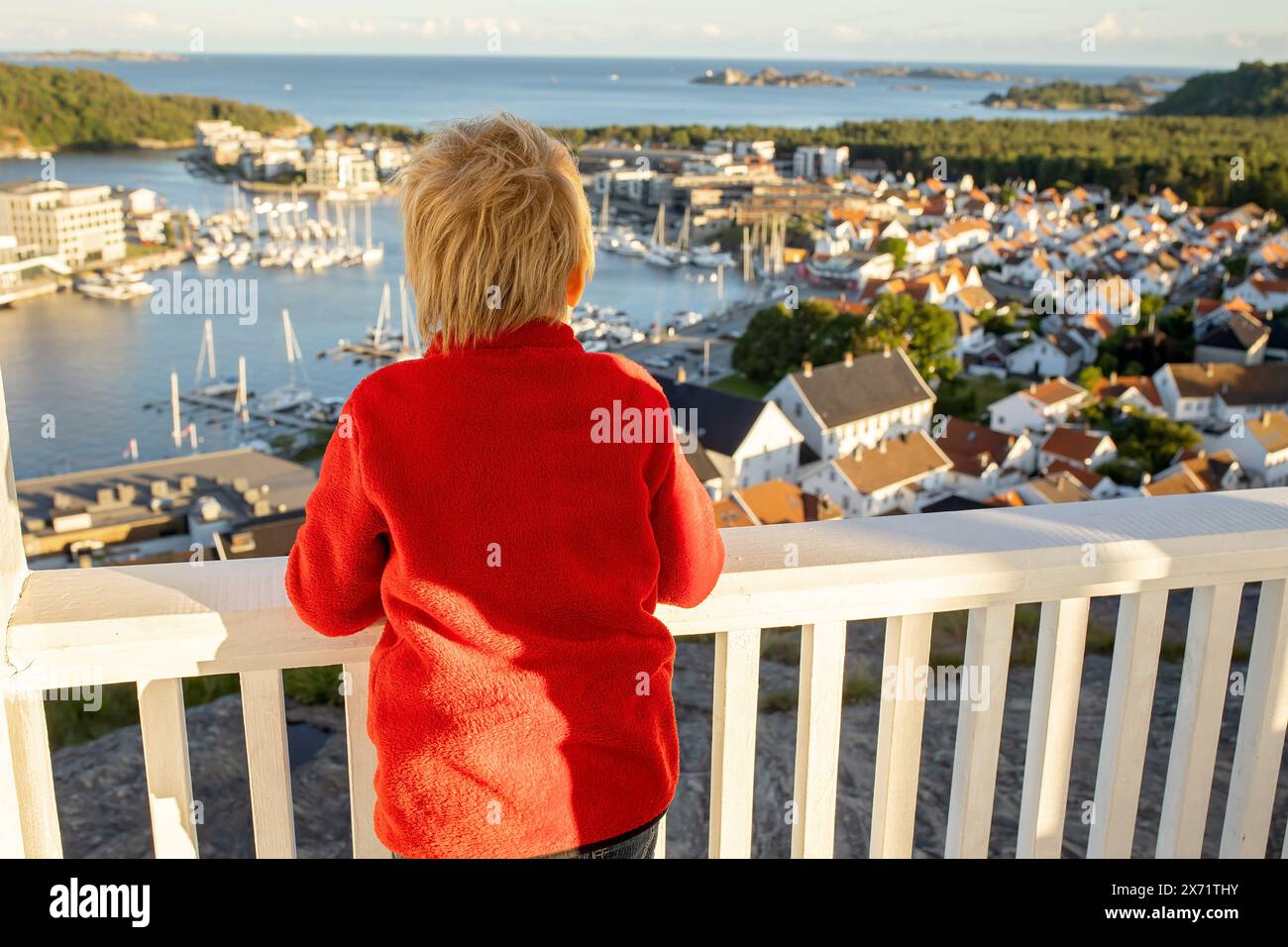 Family visiting town Mandal in Norway, view from the viewpoint ...