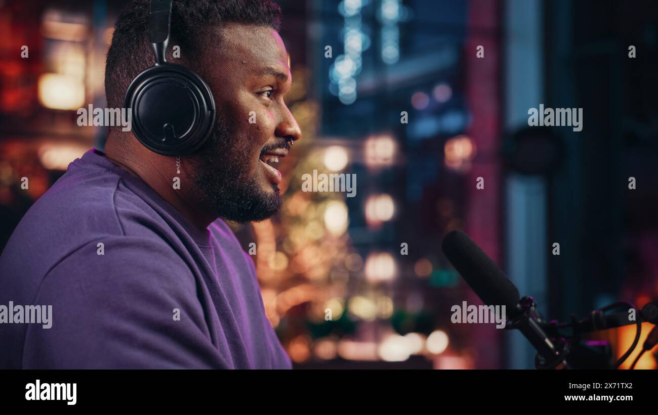 Attractive Young Black Man Talking Into Microphone While Recording ...