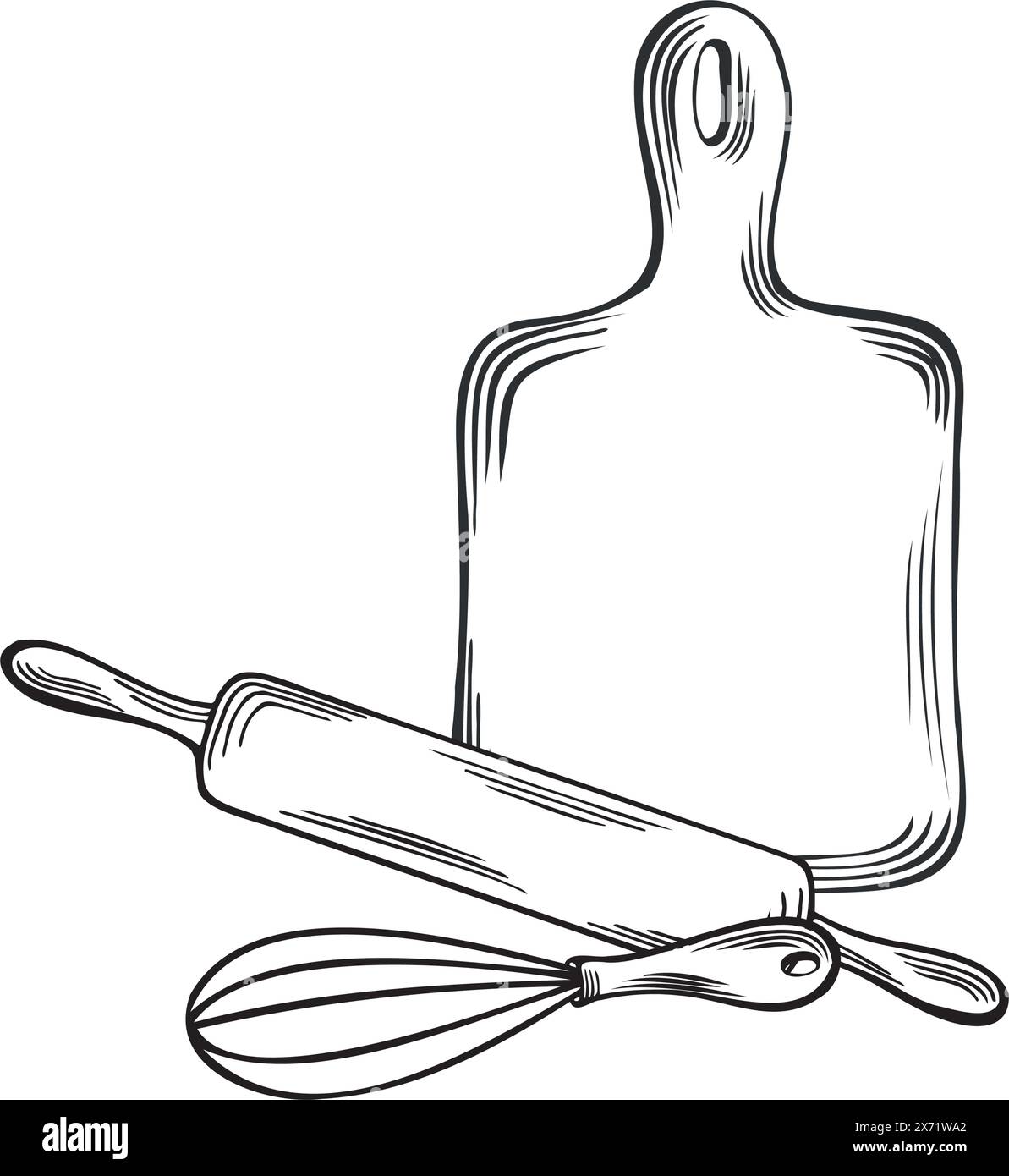 Kitchenware, baking tools. Cutting board, rolling pin and whisk. Vector ...
