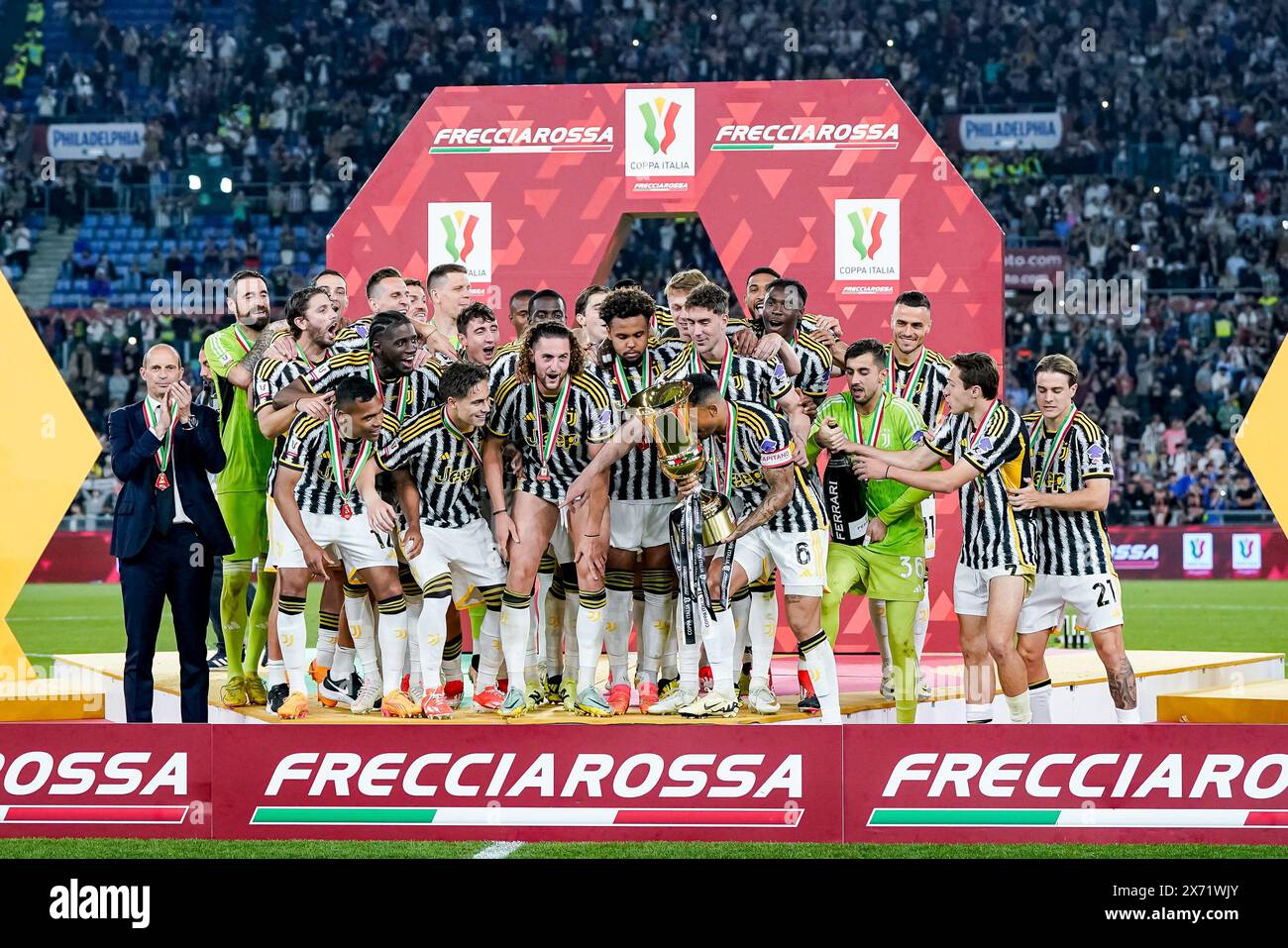 Rome, Italy. 15th May, 2024. Danilo captain of Juventus FC lifts the ...