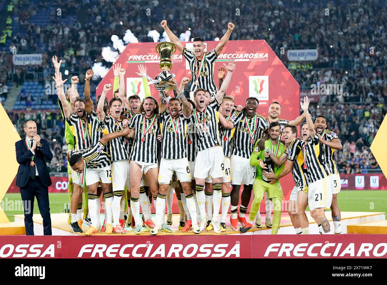 Rome, Italy. 15th May, 2024. Danilo captain of Juventus FC lifts the ...