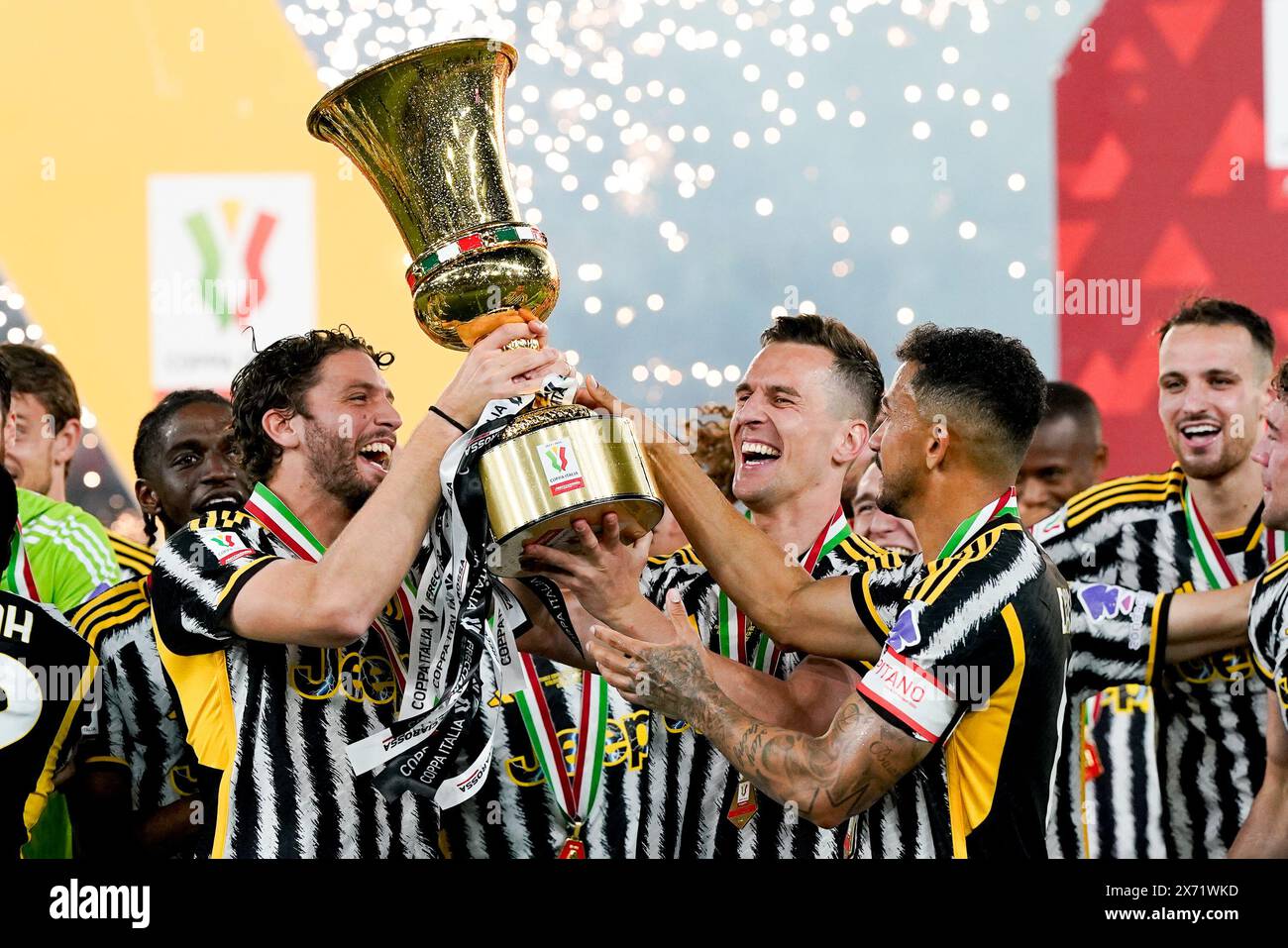 Rome, Italy. 15th May, 2024. Danilo captain of Juventus FC lifts the ...