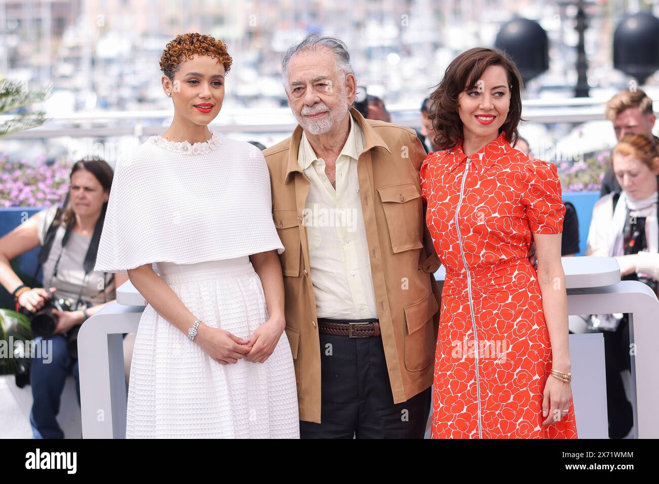 Nathalie Emmanuel, left, director Francis Ford Coppola and Aubrey Plaza pose for photographers ...