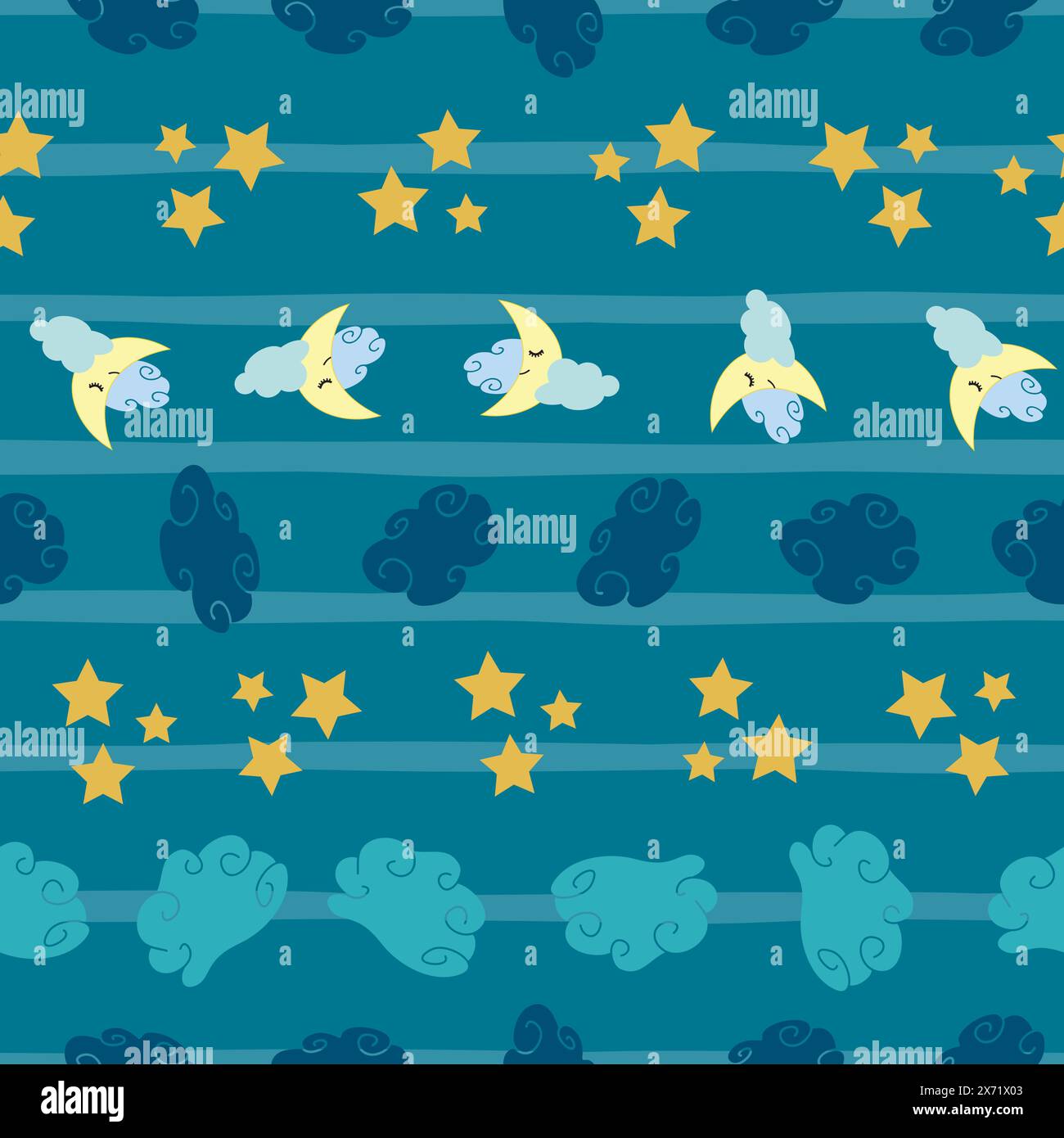 Cute Seamless Pattern Sky With Couds Moon And Stars On Striped Blue