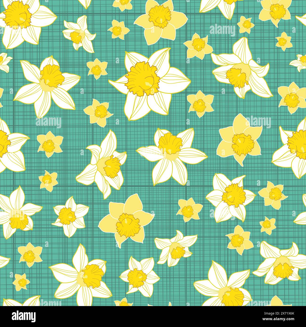 Seamless pattern of daffodil flowers on green striped background ...