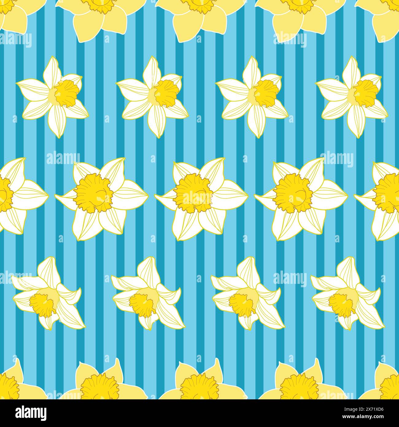 Seamless daffodil pattern on blue Horizontal stripes background Stock ...