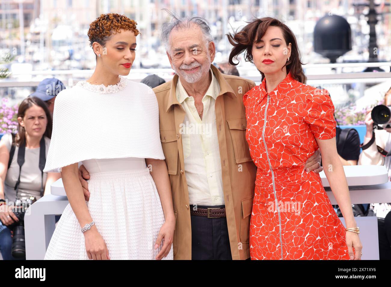 Nathalie Emmanuel, from left, director Francis Ford Coppola, and Aubrey Plaza pose for ...