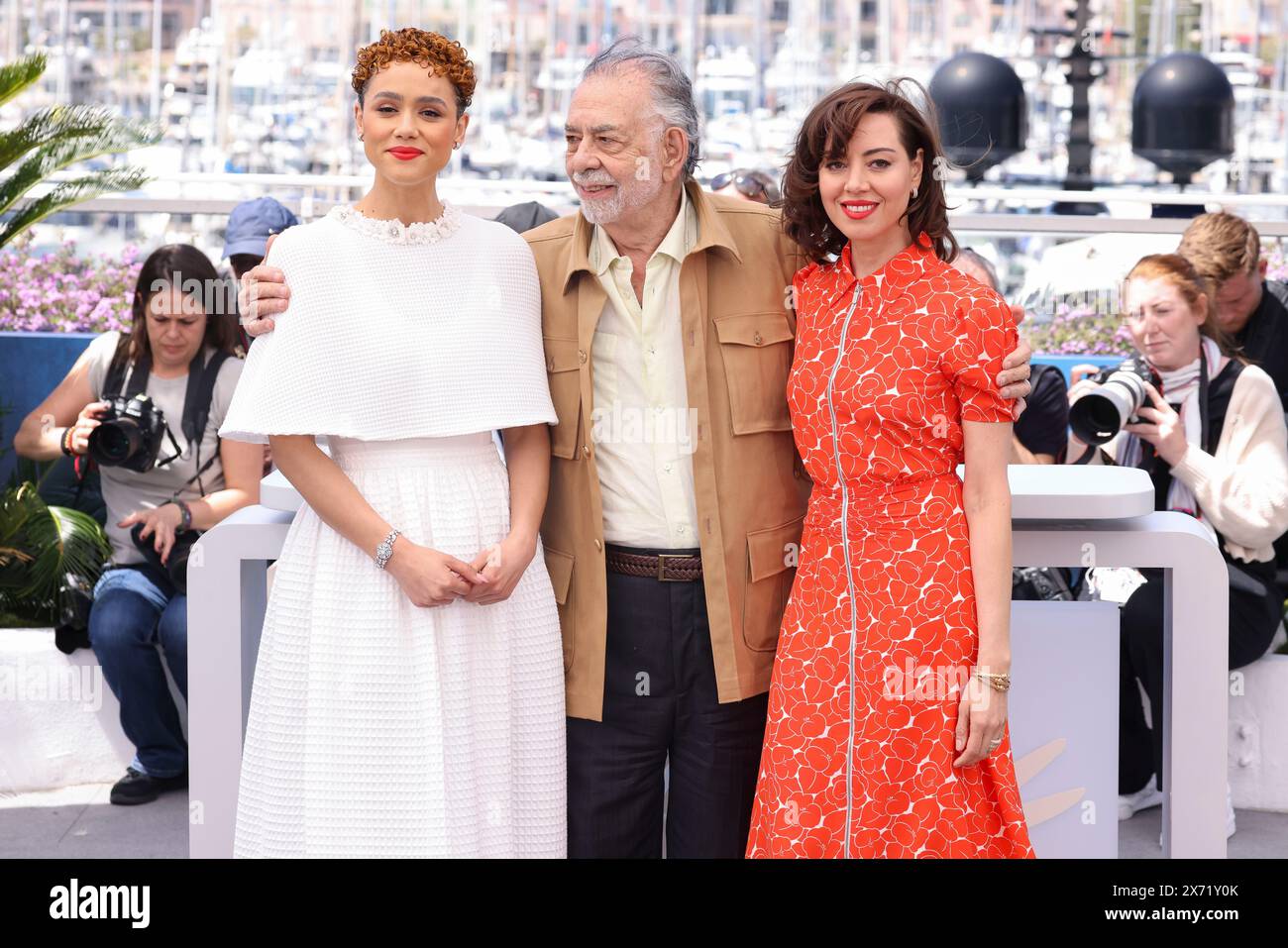 Nathalie Emmanuel, from left, director Francis Ford Coppola, and Aubrey Plaza pose for ...