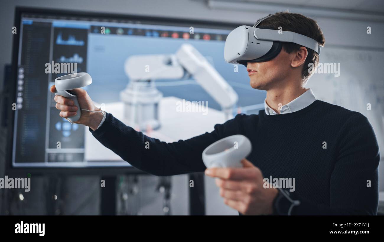 Student Engineer Wearing Virtual Reality Headset Holding Joysticks and ...