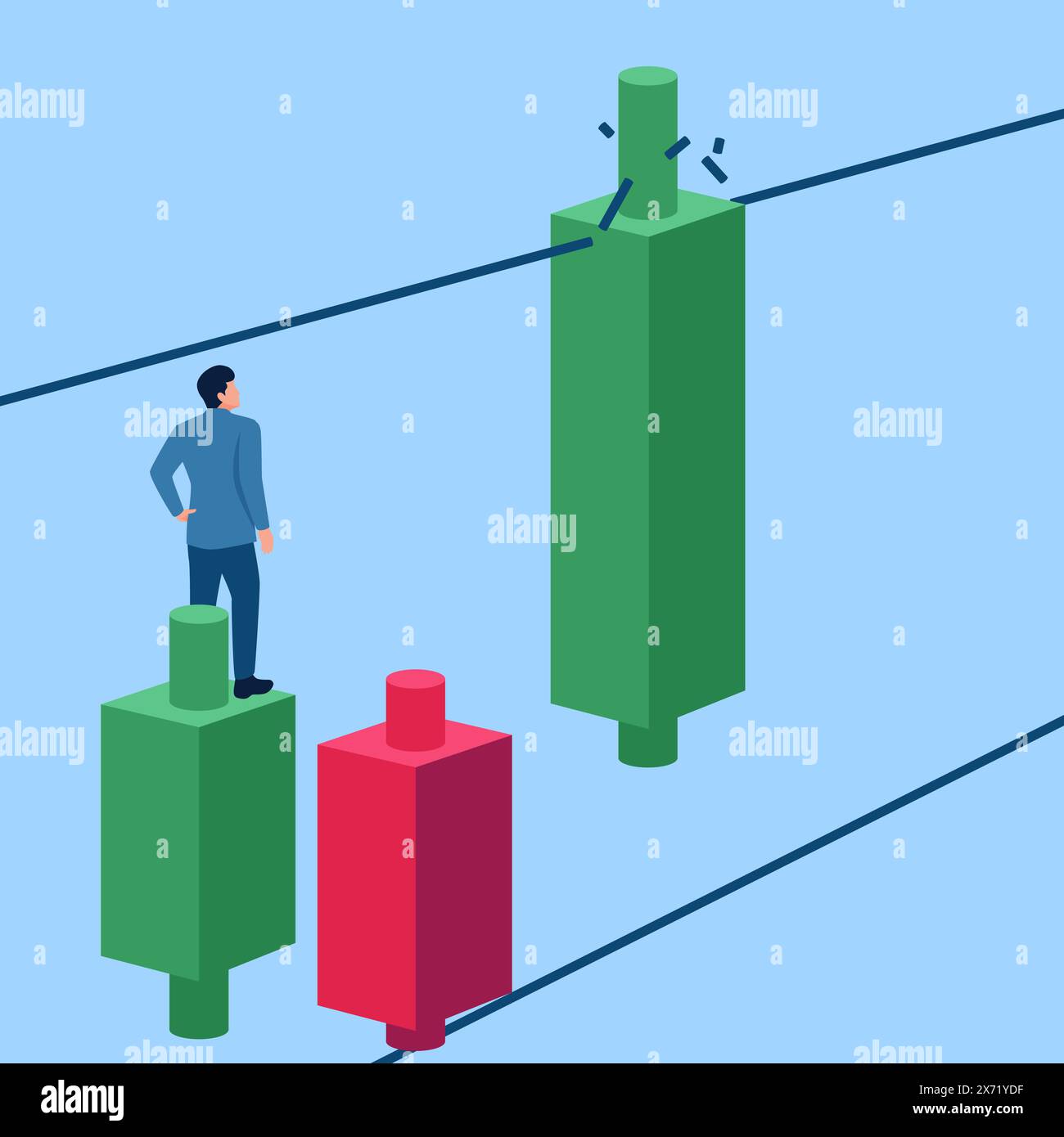 Man sees a high rising candlestick hitting the barrier, a metaphor for ...