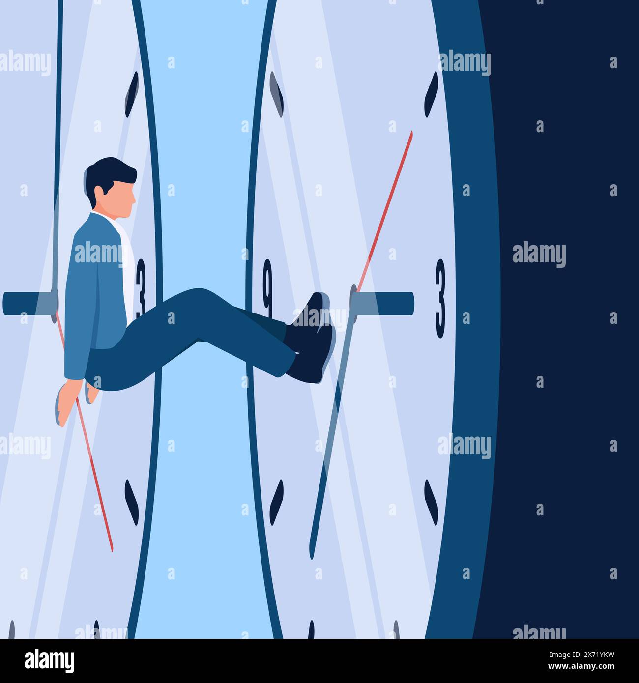 The man is sandwiched between two large clocks, a metaphor for time ...