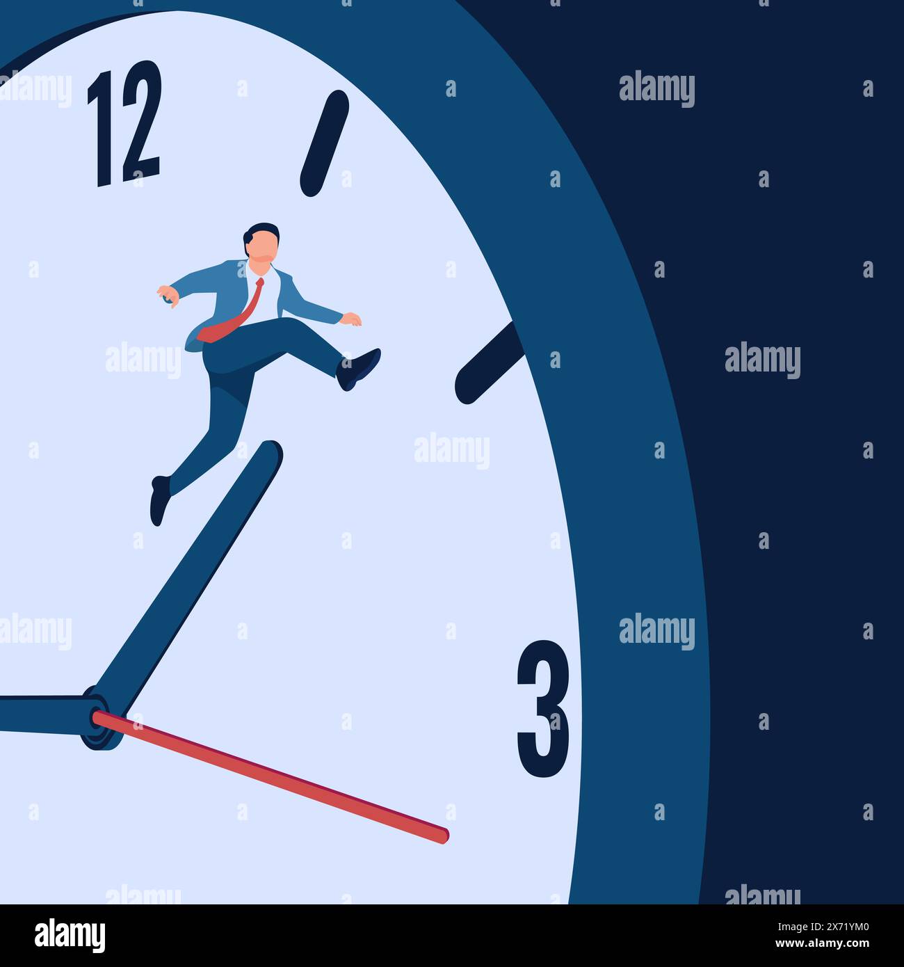 Man jumps over clock hands, metaphor for race against time. Simple flat conceptual illustration ...