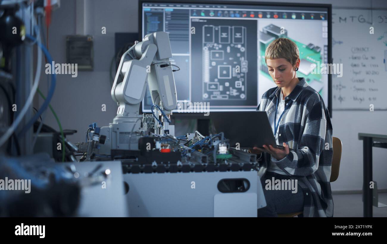 Female Startup Developer Holding Laptop while Working with Robotic Arm. Woman Looking at Screen ...