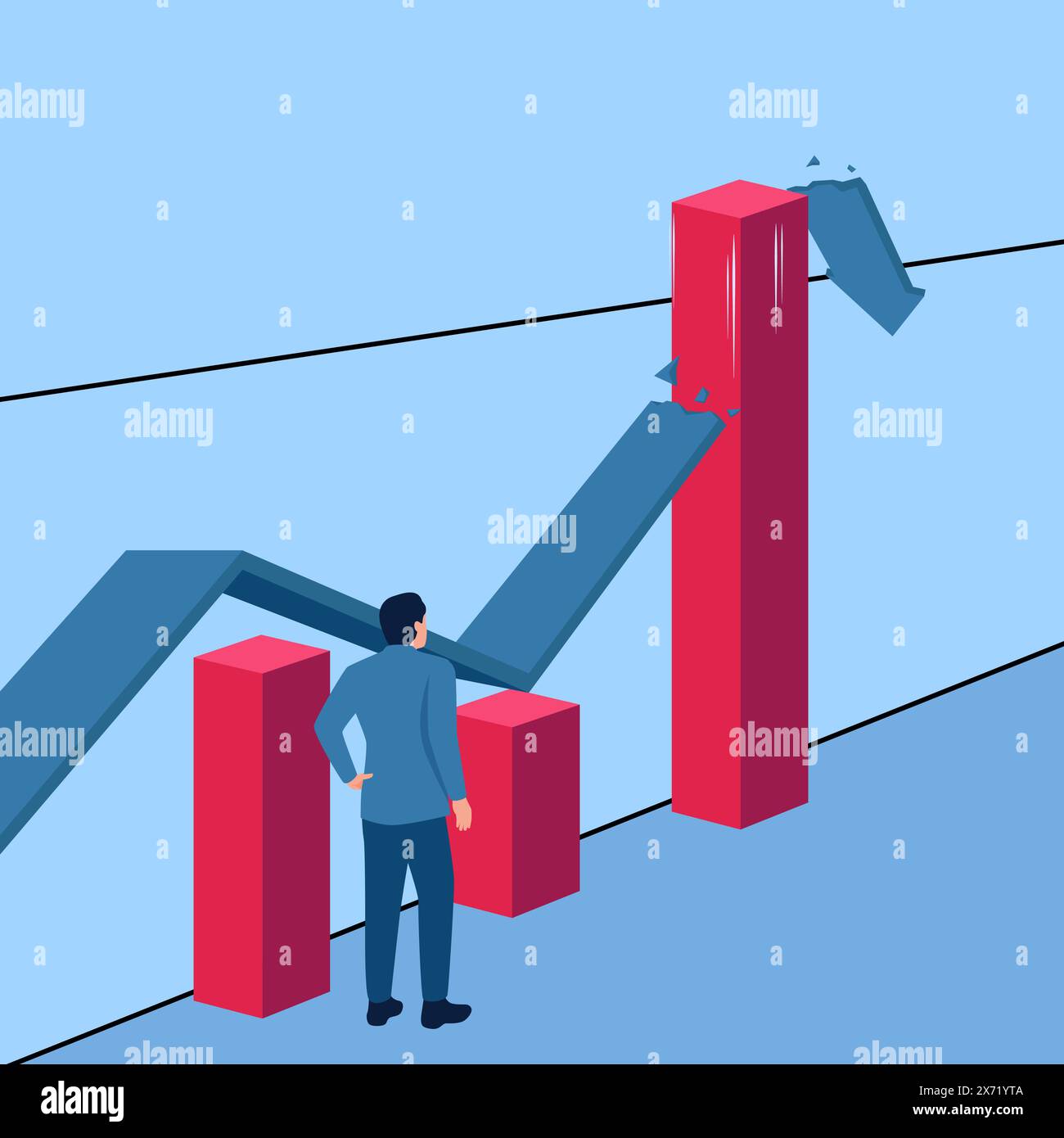 Man looking at upward arrow hit by towering graphic, metaphor for ...