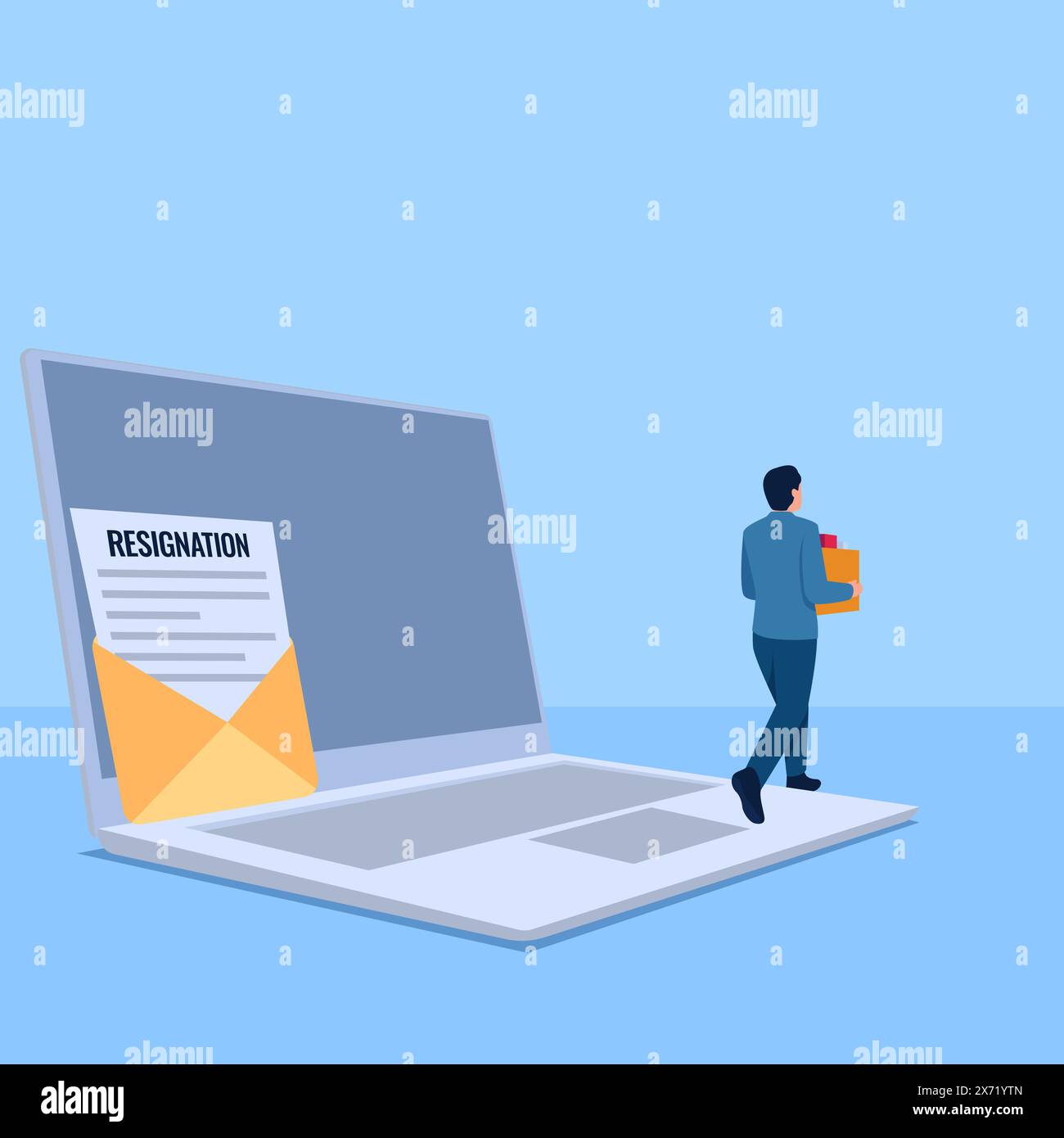 Man carrying cardboard away laptop and resignation envelope, metaphor ...