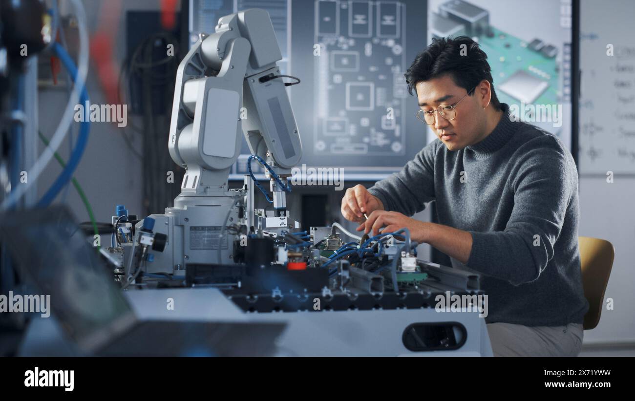 Asian Student Assembling Robotic Arm with Screwdriver During the Lesson ...