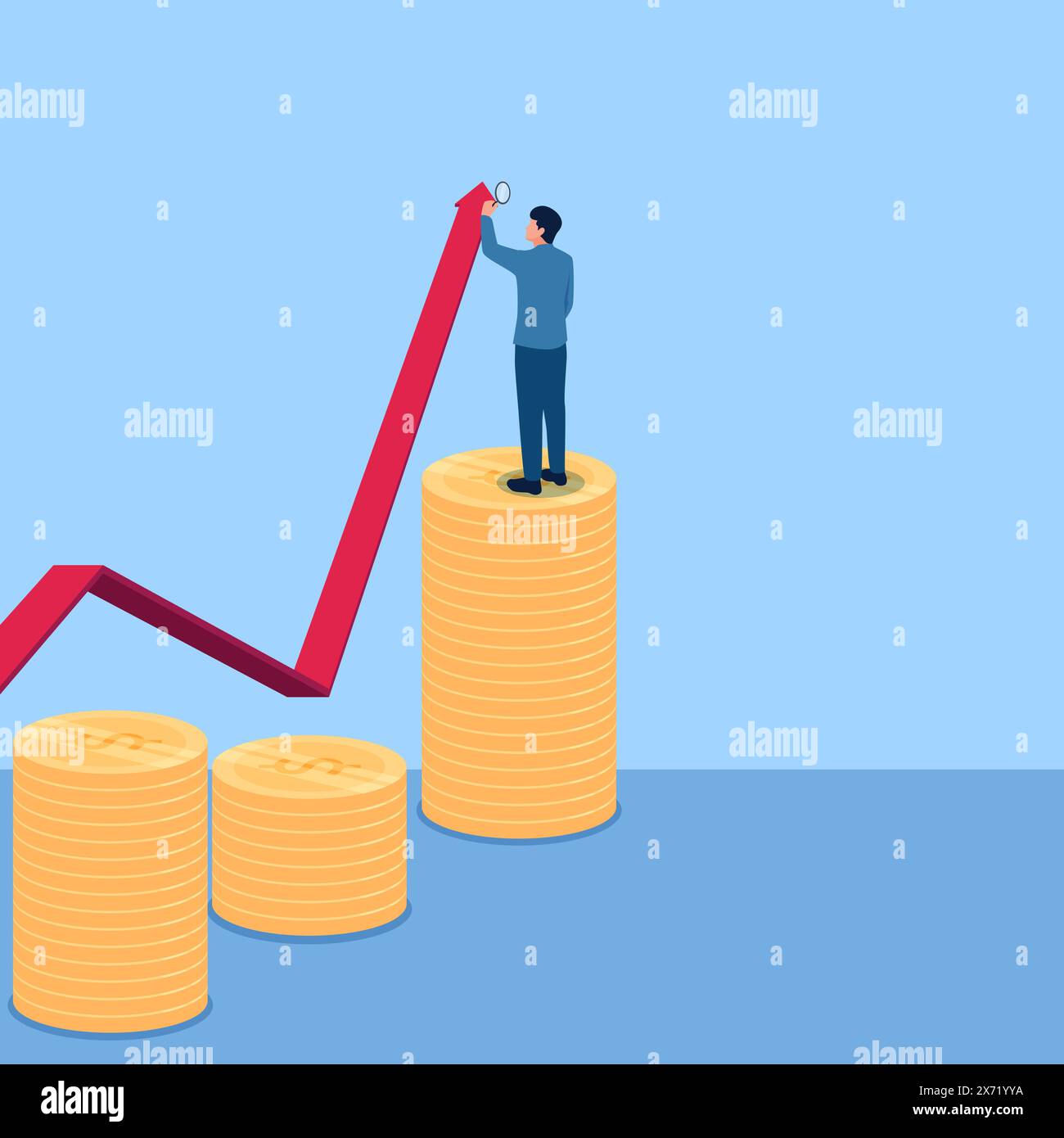 Man measuring the height of a graph that rises by rising on a pile of ...