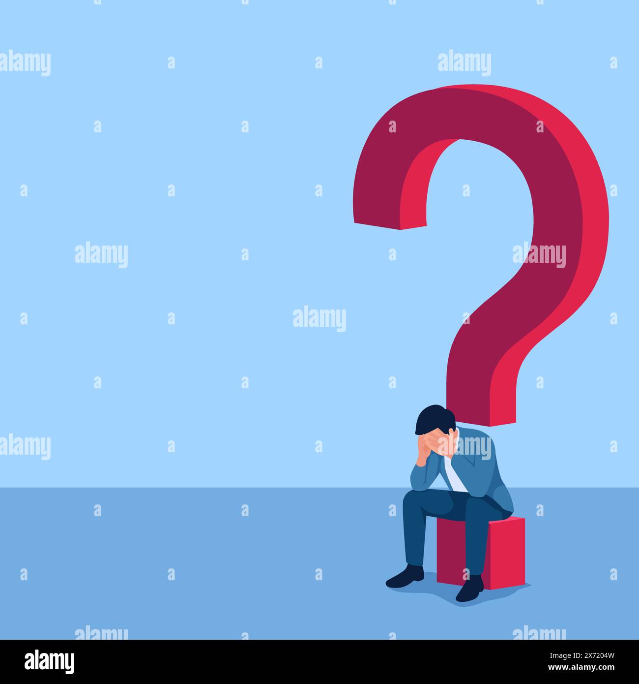 Man sitting looking confused under question mark, metaphor for ...