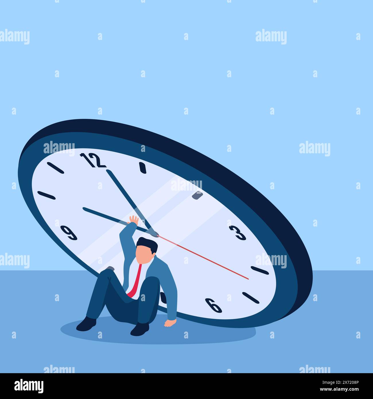 Man crushed by a large clock, a metaphor for time pressure. Simple flat ...