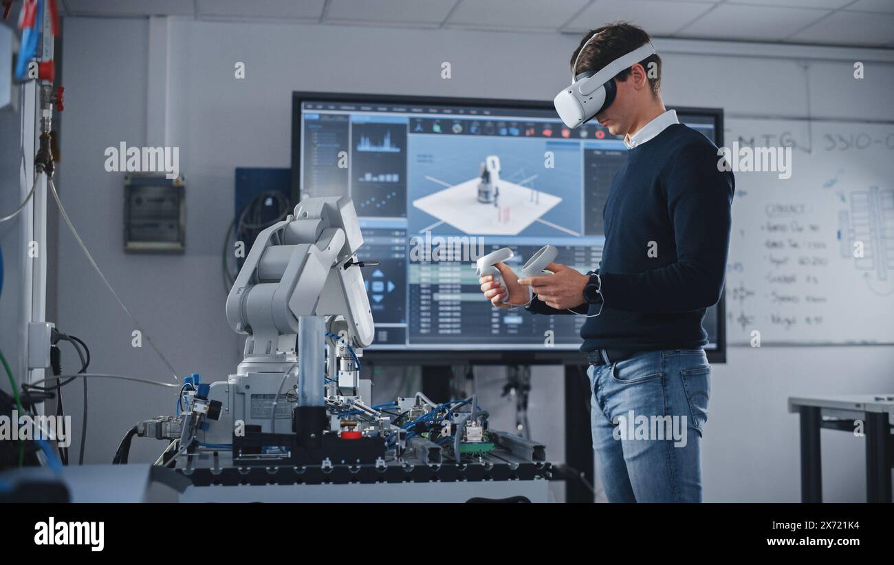 Student Engineer Using Virtual Reality Software for His Project. Man ...