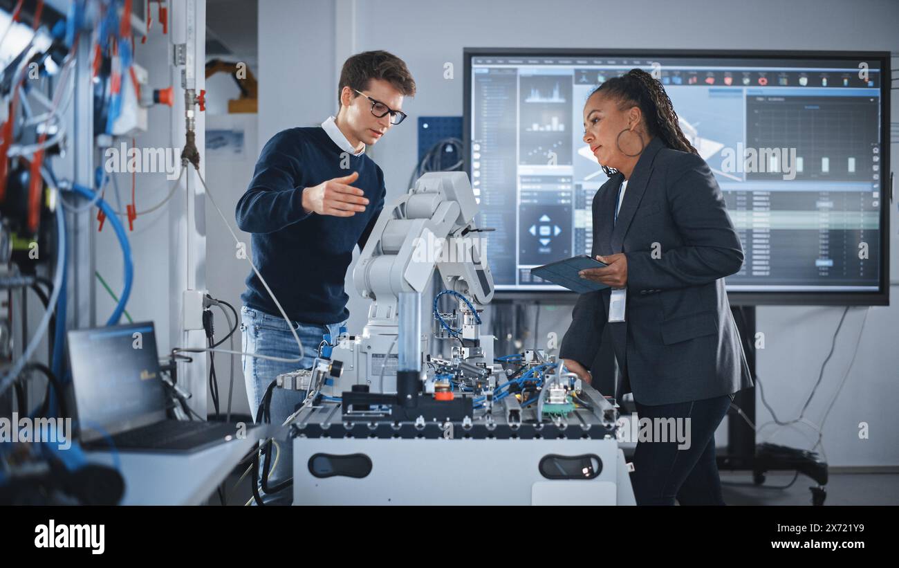 Futuristic Design of AI Robot Hand. Black Engineer Telling About ...