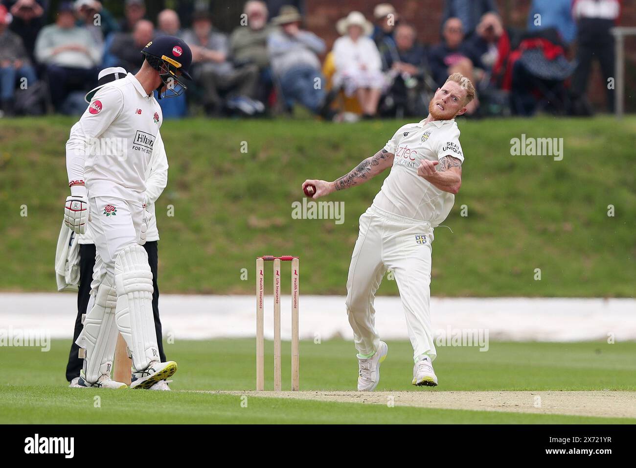 Durham's Ben Stokes (right) bowling on day one of the Vitality County ...