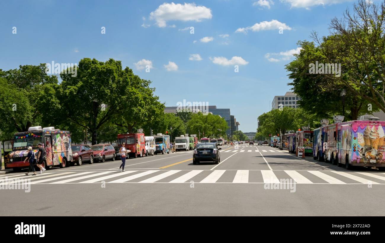 Washington DC, USA - 2 May 2024: Row of fast food and ice cream trucks ...