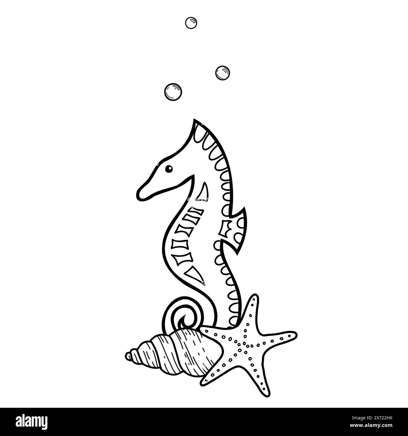 Marine Composition of cute Seahorse, Starfish and Seashell. Hand drawn ...