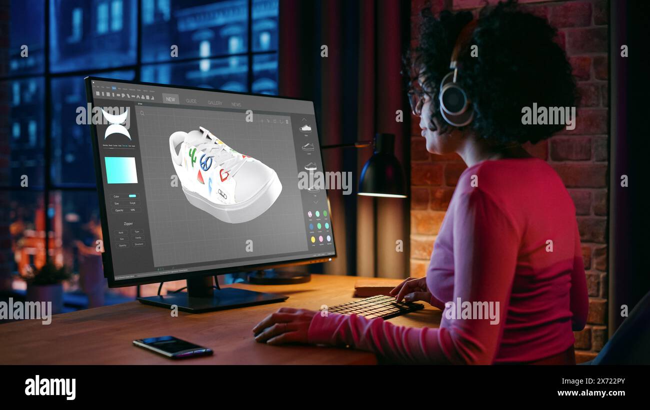 Smart Black Footwear Designer Creating 3d Model of Shoe While Working ...