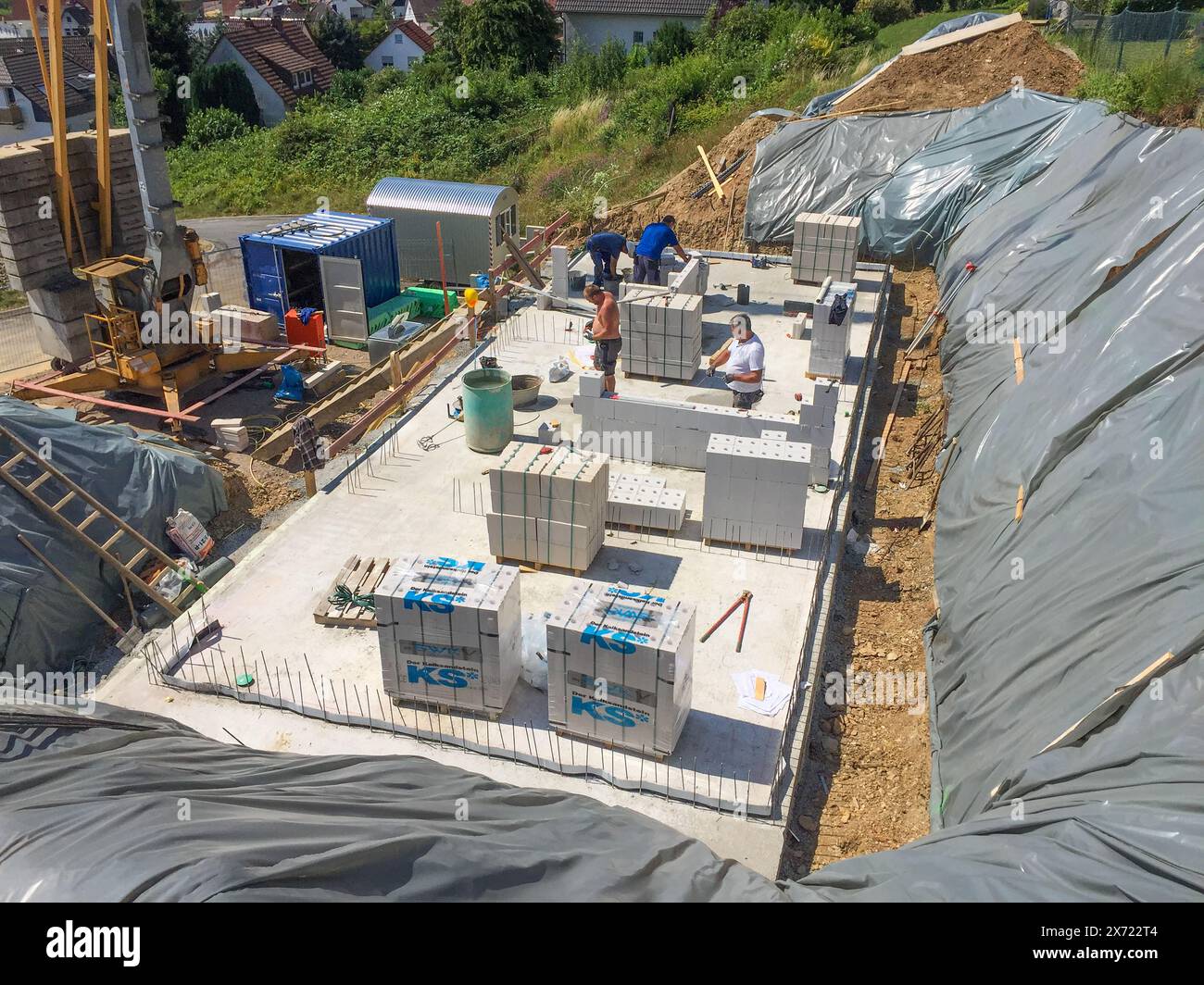 Ruppertshain, Germany - July 6, 2018: concrete walls to build a cellar ...