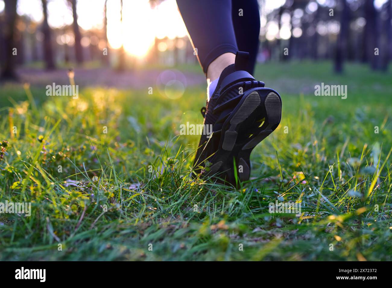 Close up Woman's legs in black sneakers walking on grass, back view ...