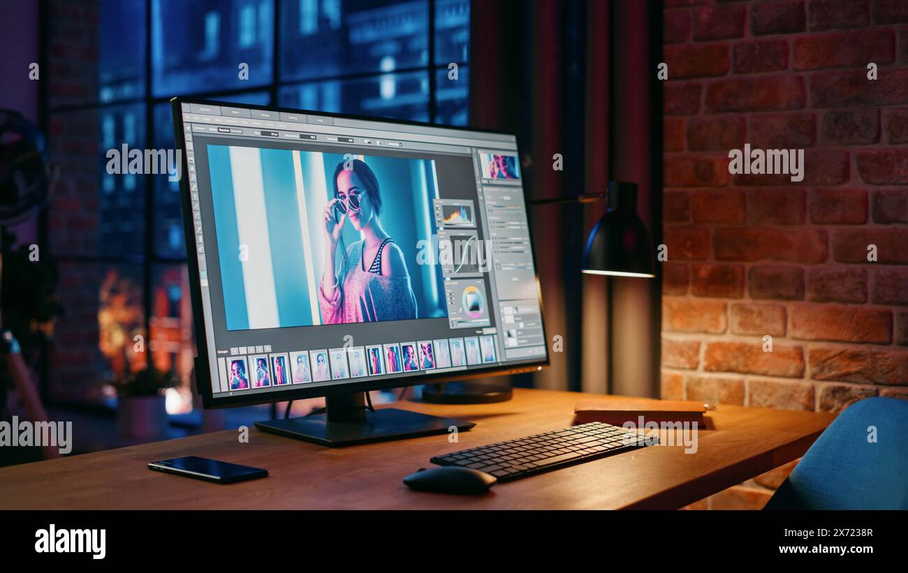 Modern Loft Office with Night City View From Big Window. Computer ...