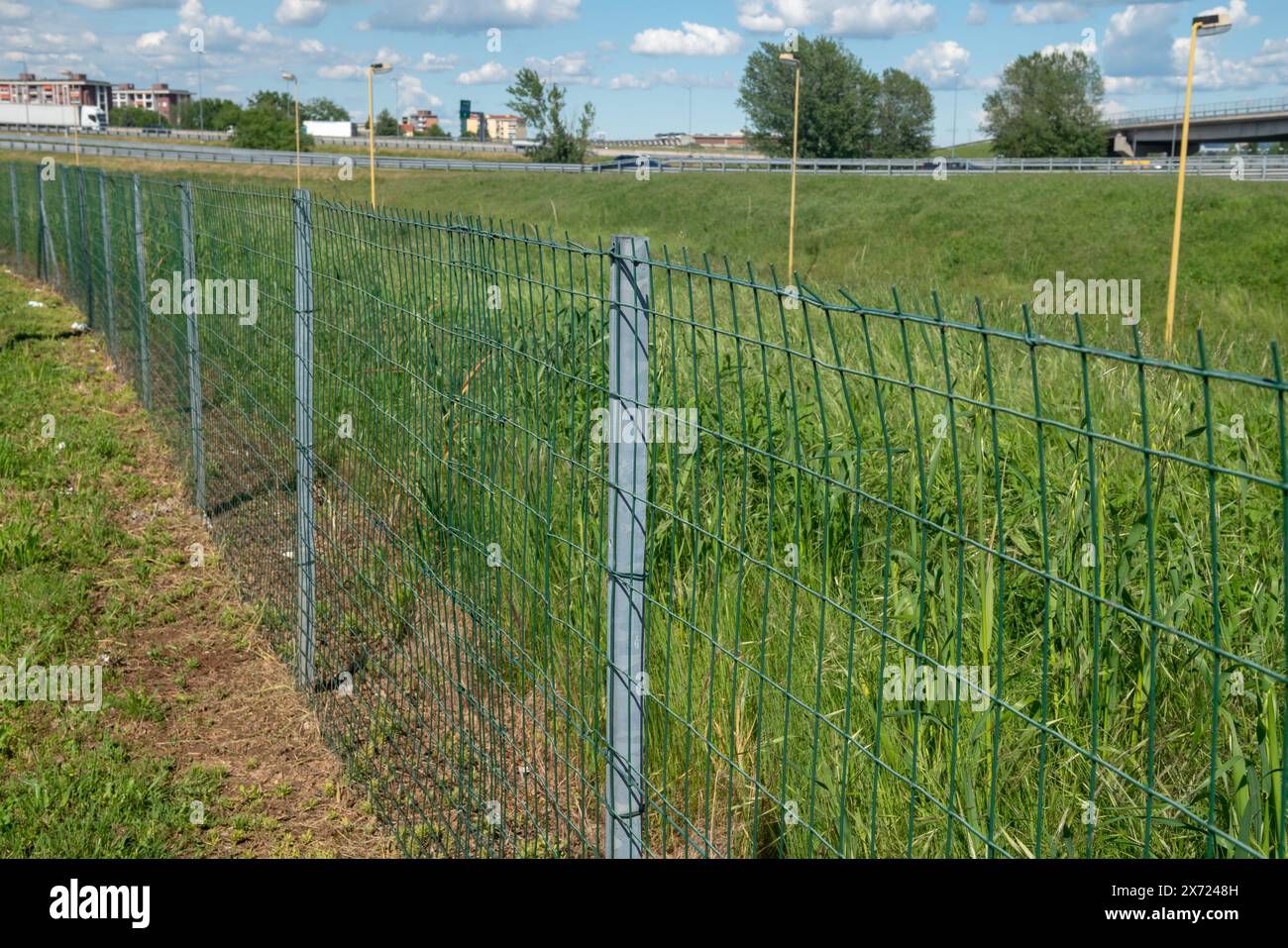 Border fence in a field with galvanized steel pole and electro-welded rectangular mesh mesh ...
