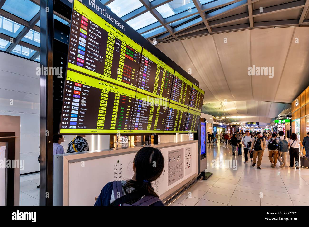 Suvarnabhumi International Airport terminal interior, display boards ...