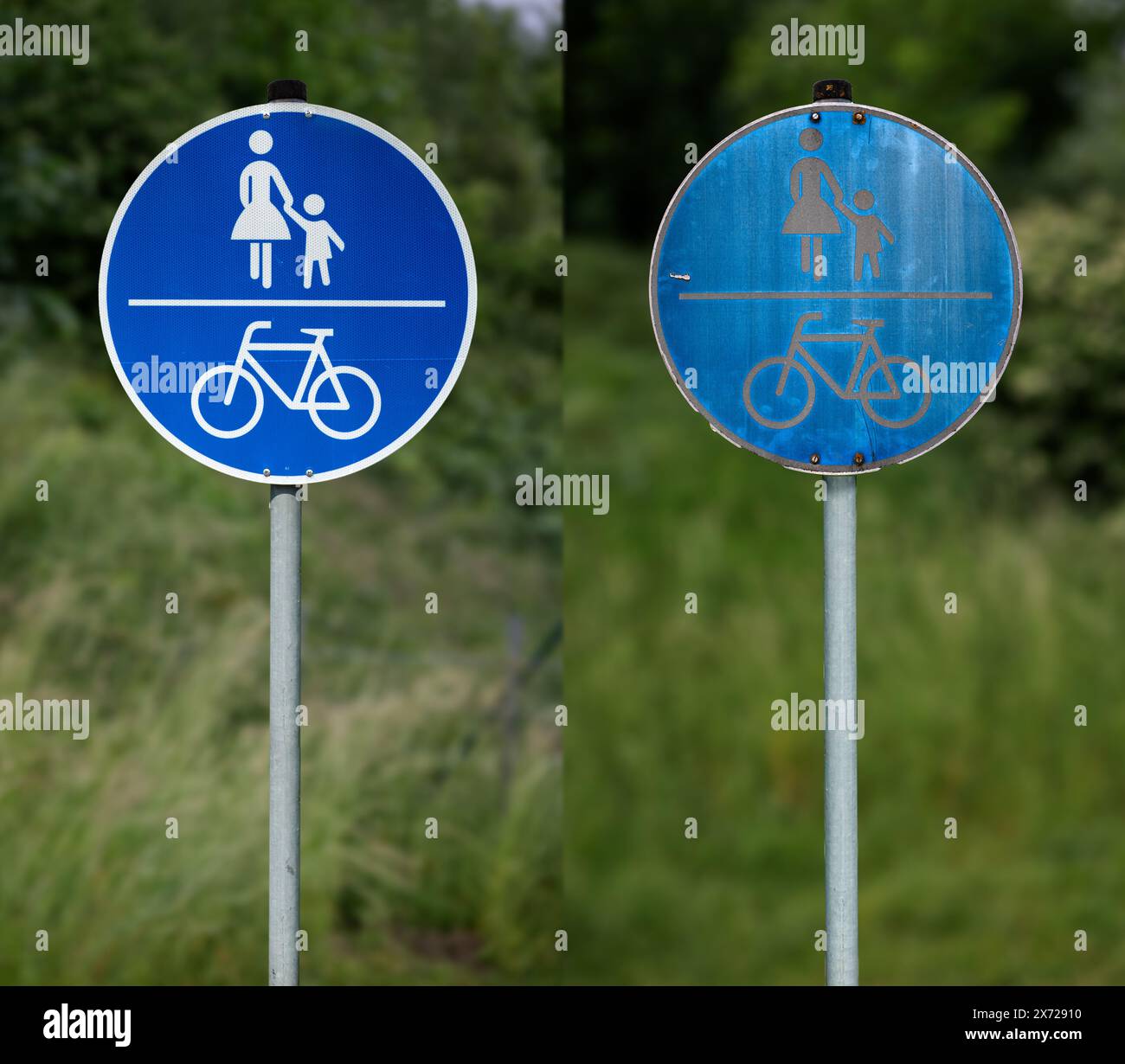 a traffic sign for a cycle and pedestrian path, symbol of old and new ...