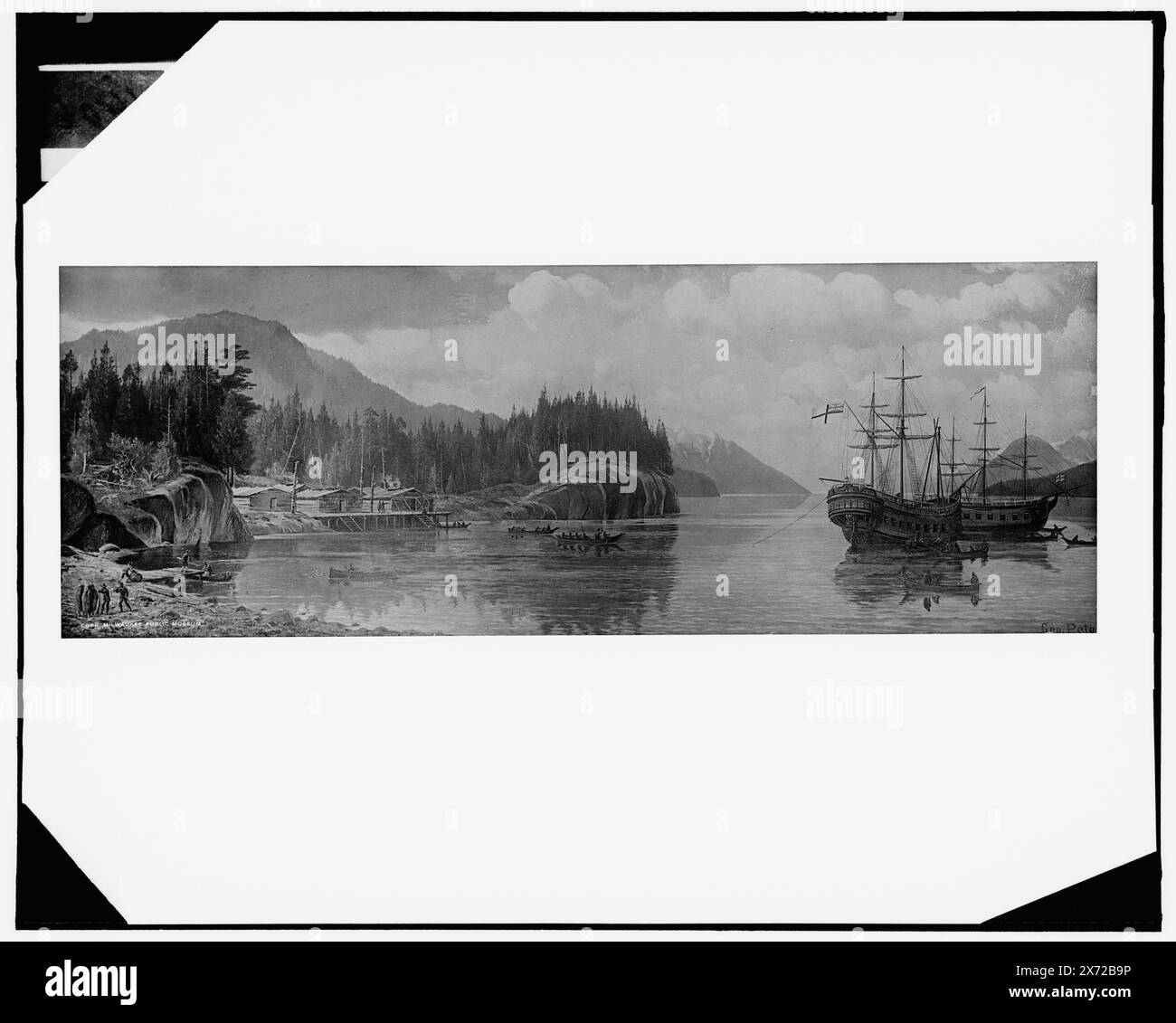 Ships in village harbor, Title devised by cataloger., Photograph of a ...