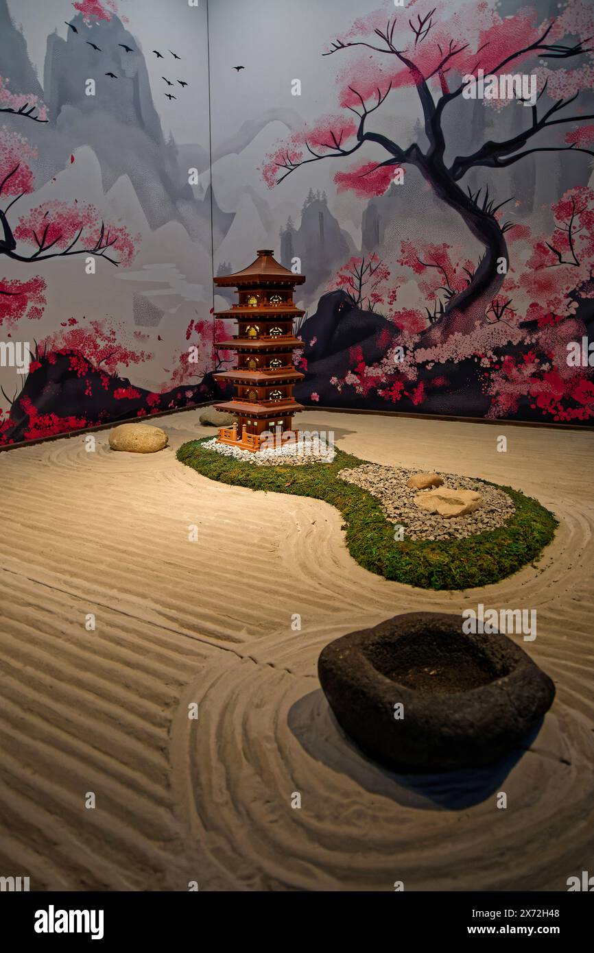 LYON, FRANCE, May 15, 2024 : A traditional japanese zen garden is ...