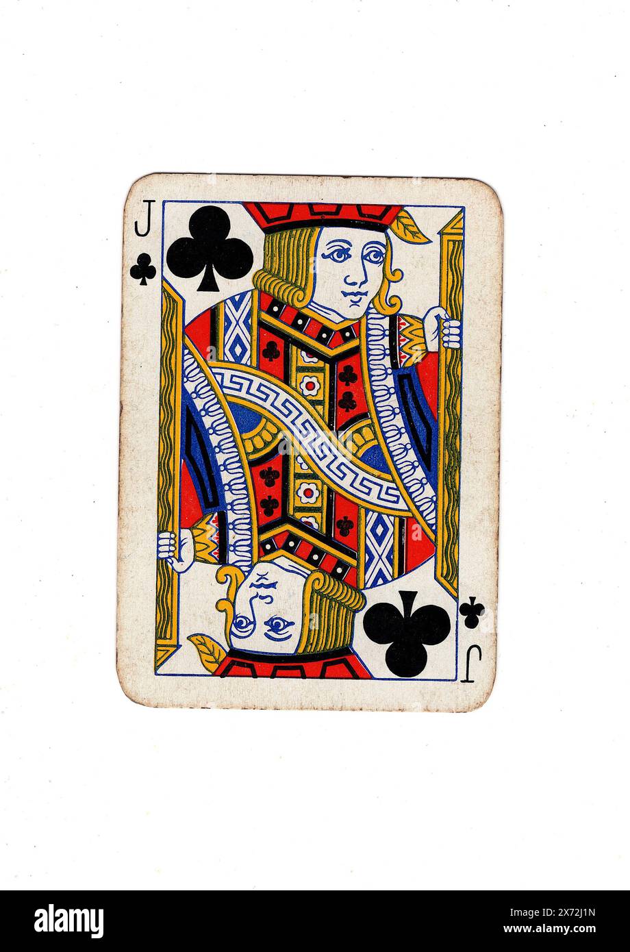 An antique jack of clubs playing card isolated on a white background ...