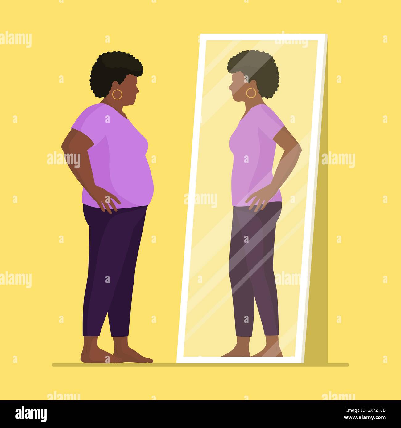 Woman looking at the mirror and seeing herself thinner, identity ...