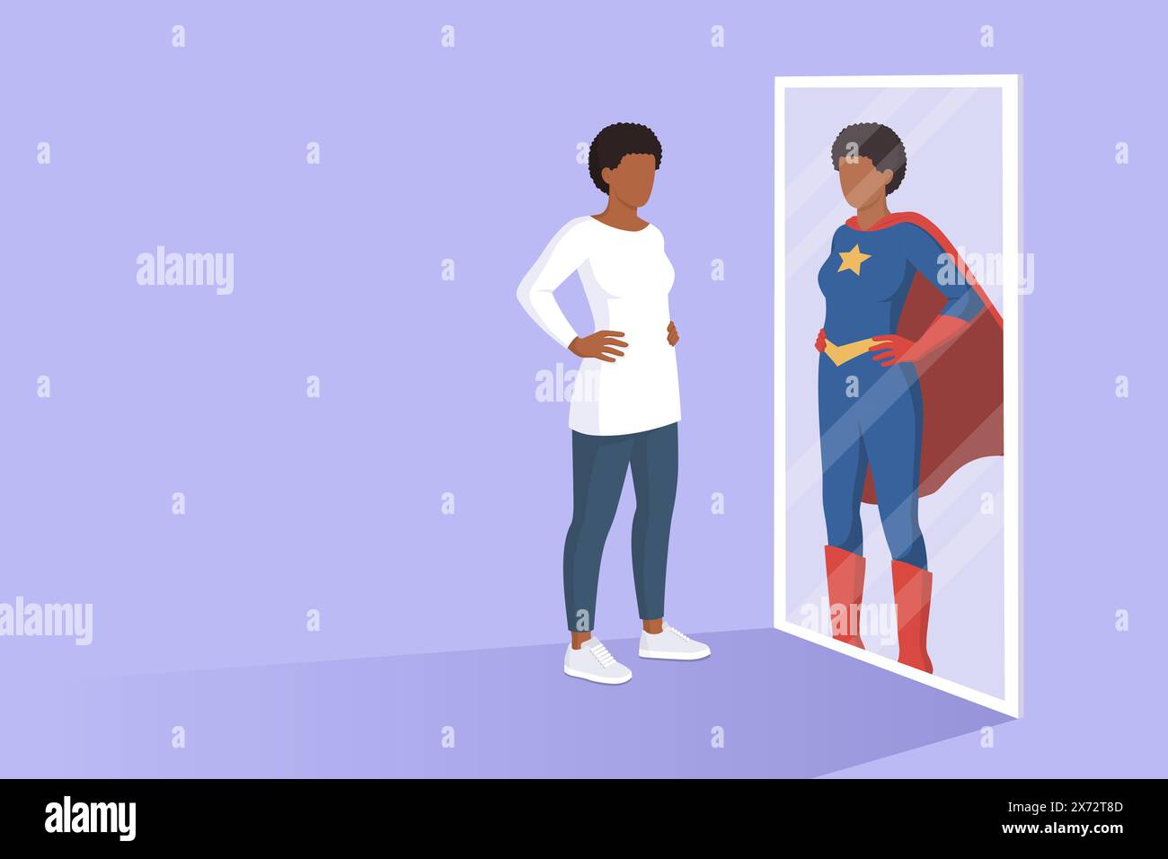 Confident woman looking at a mirror and seeing herself as a superhero ...