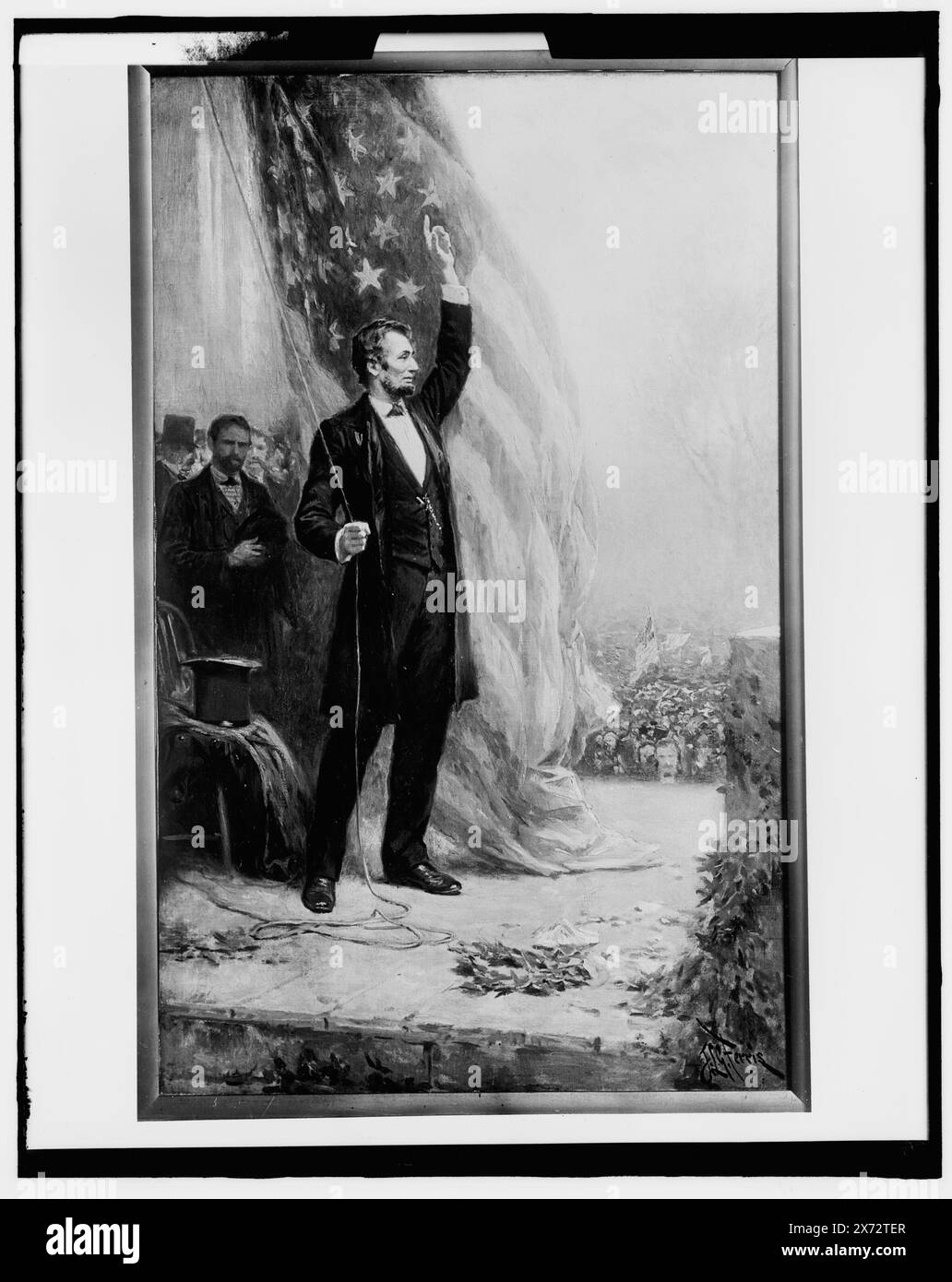 Abraham Lincoln raising flag and speaking to crowd from platform, Title ...