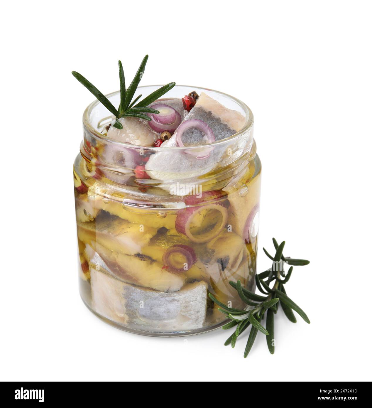 Tasty marinated fish with onion and rosemary in jar isolated on white ...