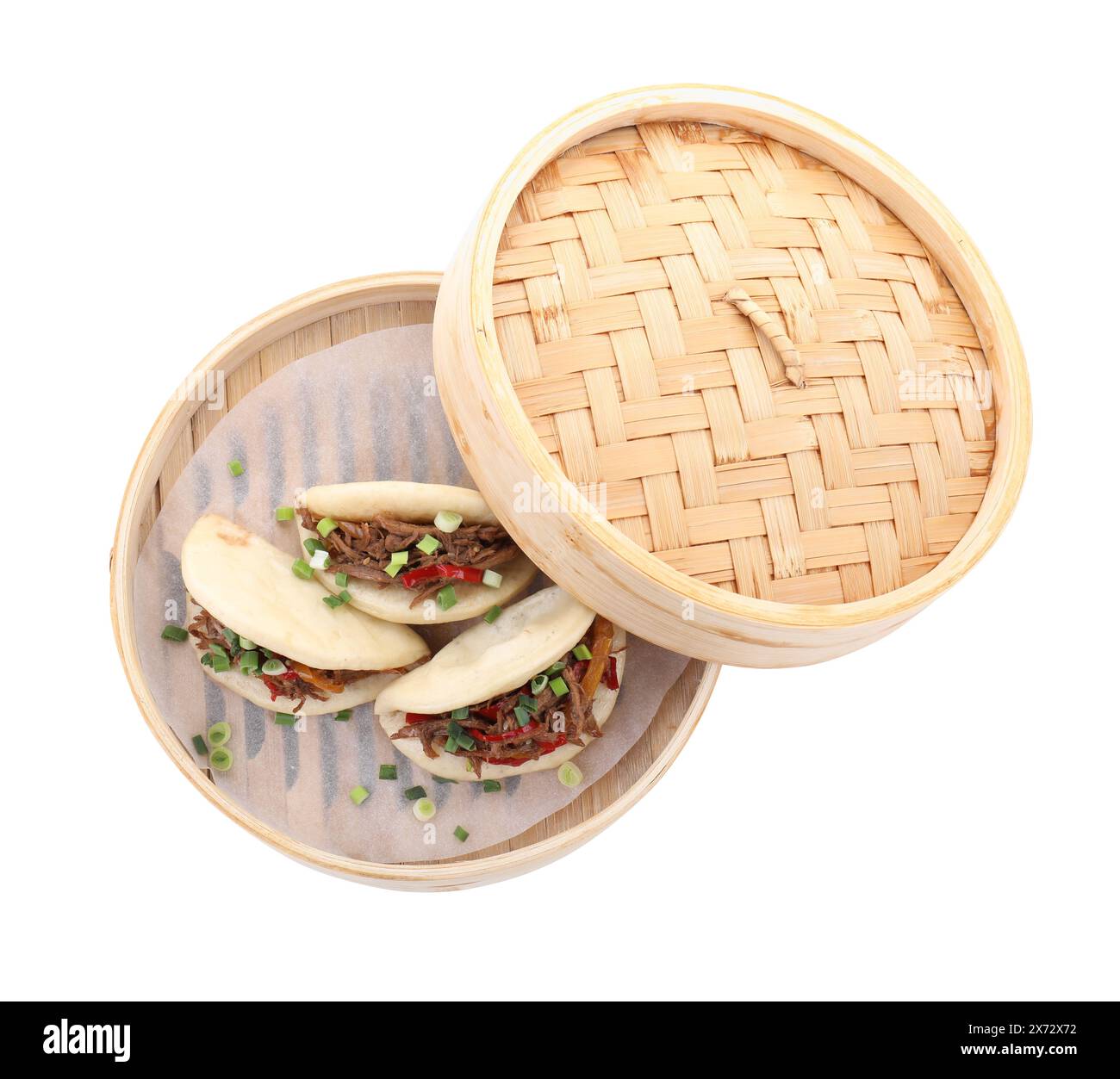 Delicious gua bao (pork belly buns) in bamboo steamer isolated on white ...