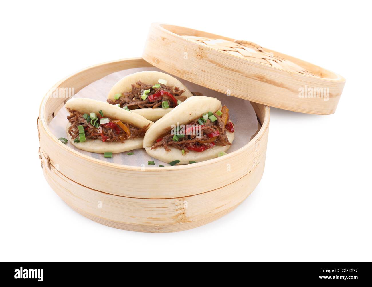 Delicious gua bao (pork belly buns) in bamboo steamer isolated on white ...