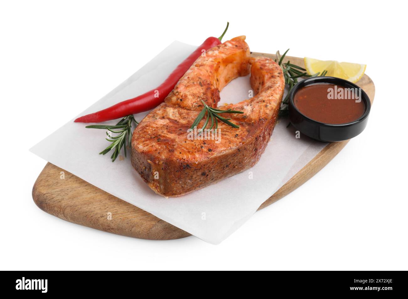 Fresh marinade, cooked fish and other products isolated on white Stock ...