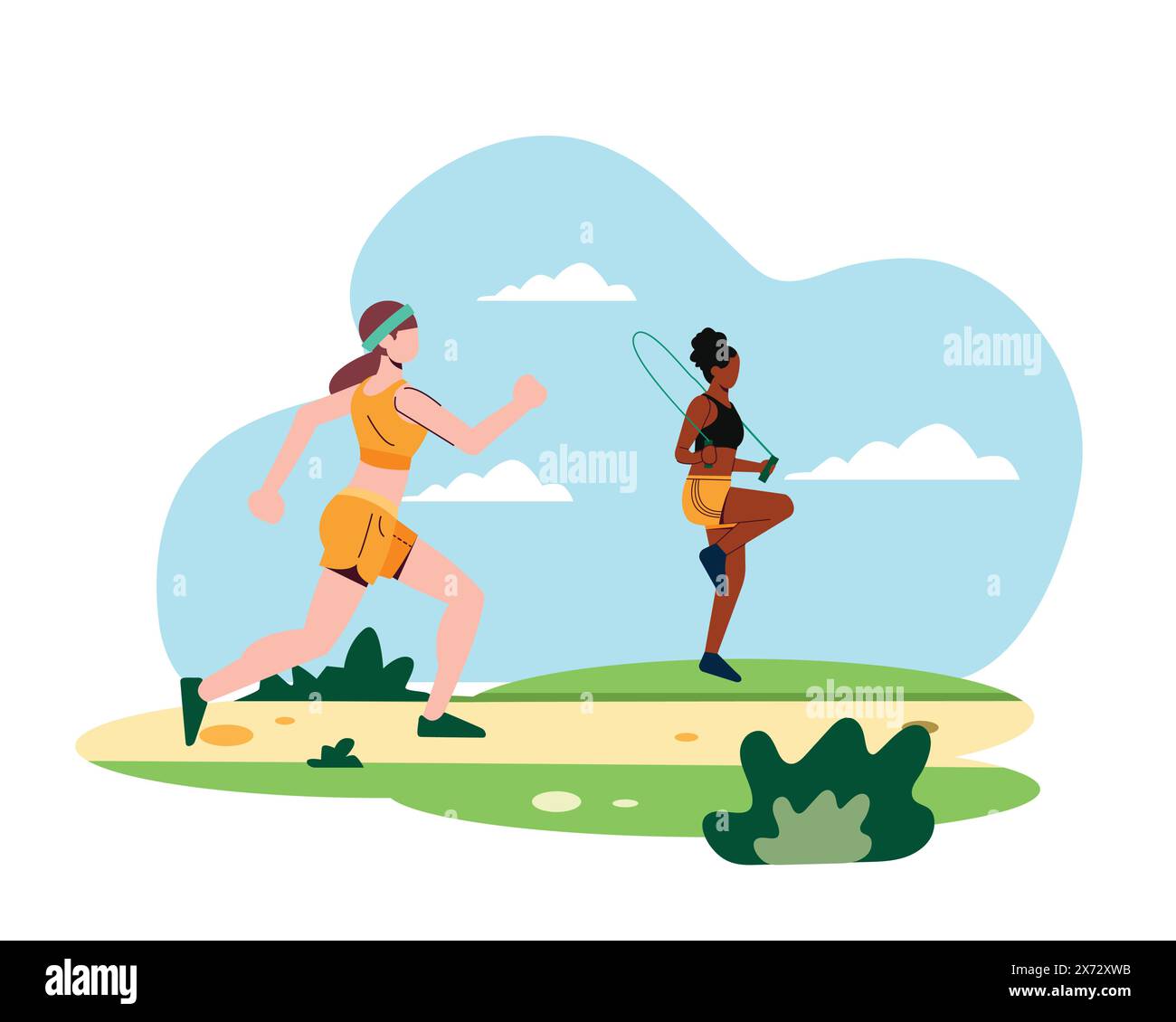 Two young women, one jogging and the other jumping rope in the park ...