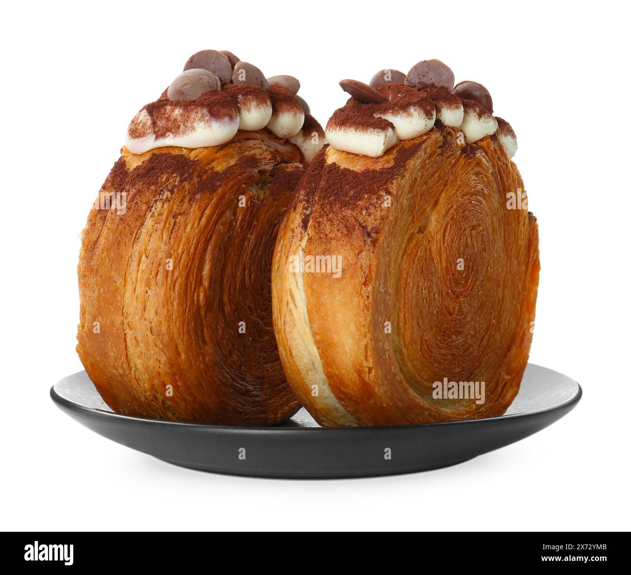 Round croissants with chocolate chips and cream isolated on white ...