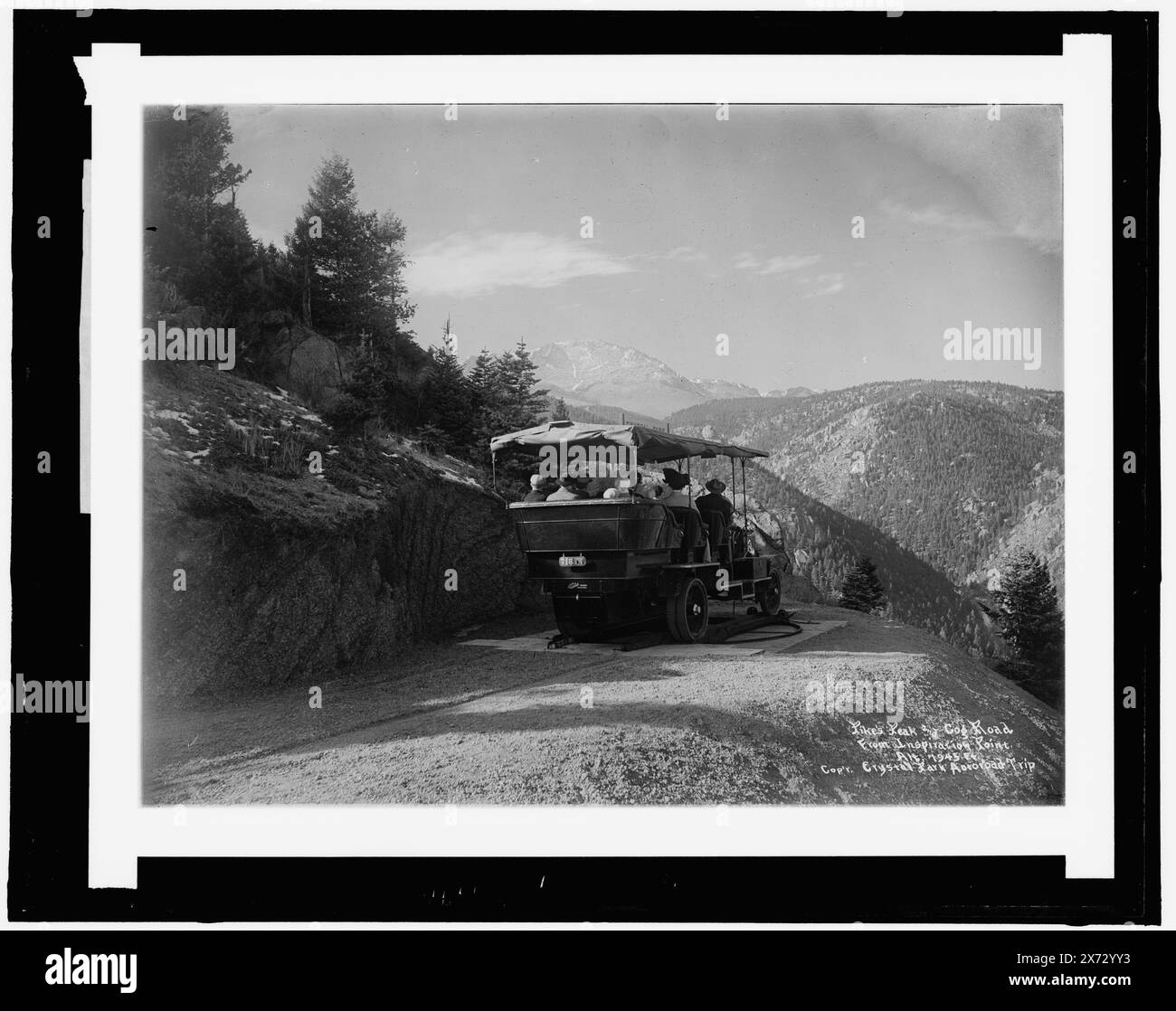 Pikes' Peak and Cog Road from Inspiration Point, alt. 7945 feet, "Copr ...